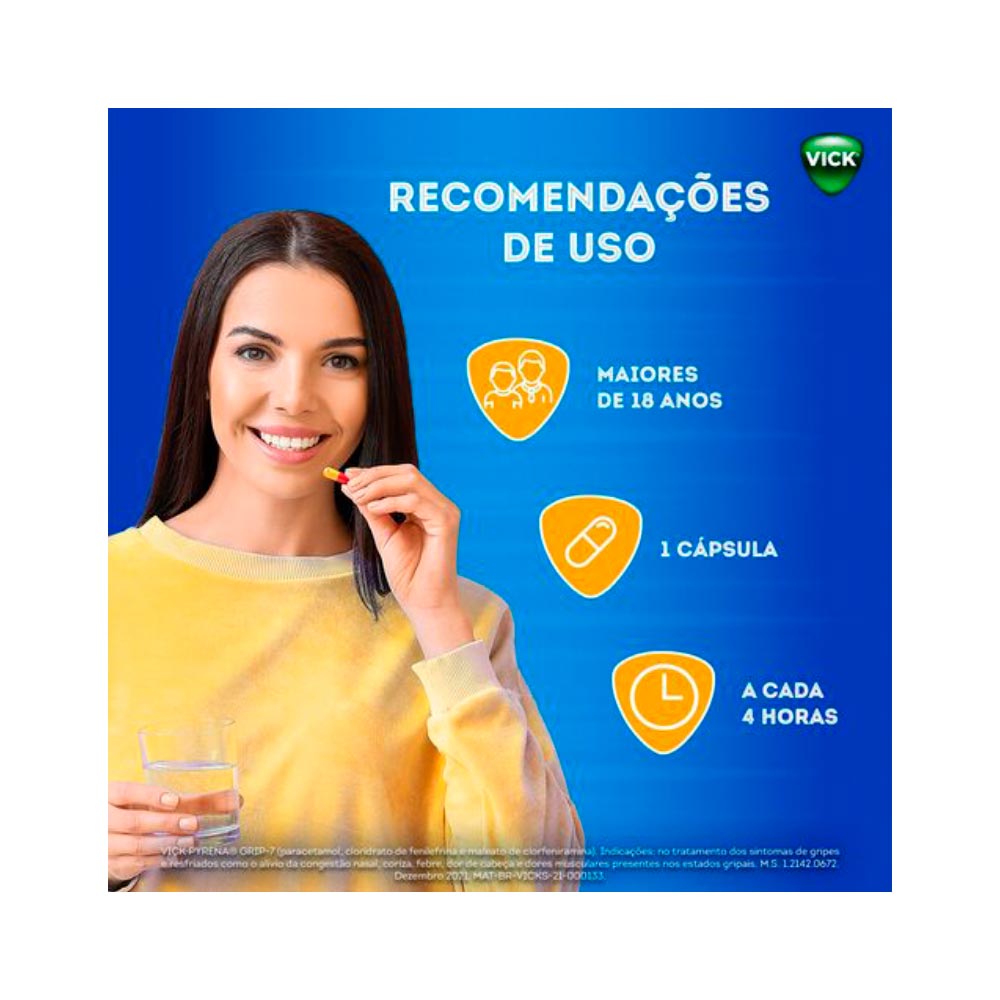 VICK PYRENA GRIP-7 GRIPE COM 5 CAPSULAS 400+4+4MG RESFRIADO - Preço Popular