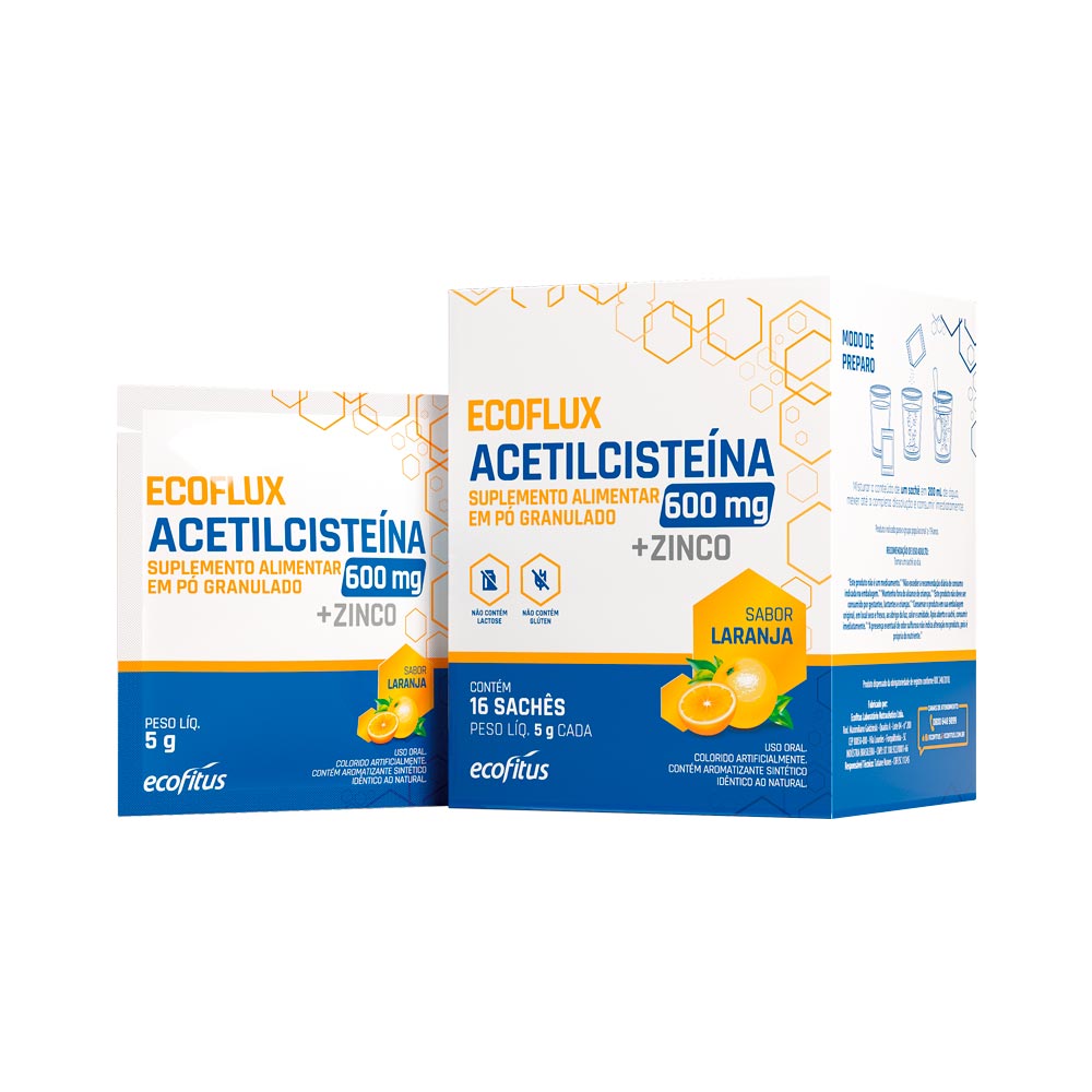 ECOFLUX ACETILCISTEINA + ZINCO COM 16 SACHES DE 5GR 600MG LARANJA ...