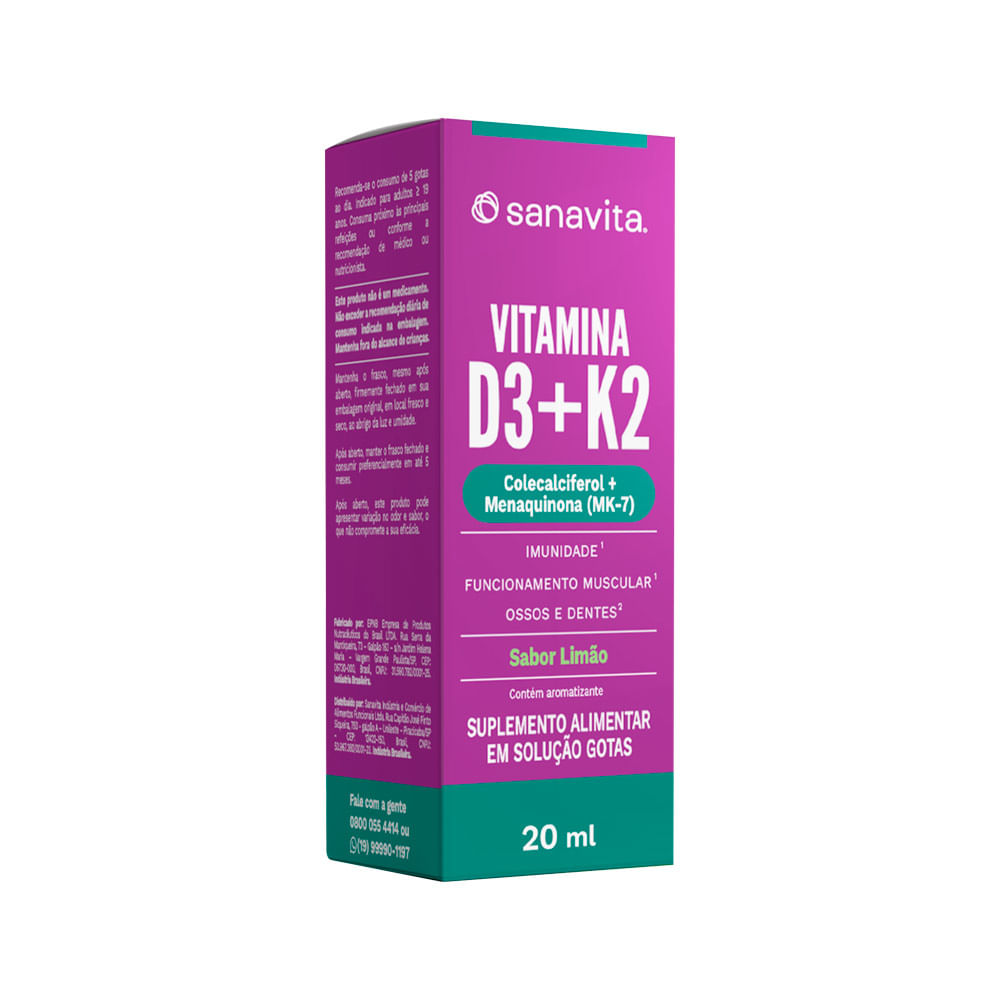 VITAMINA D3 + K2 SANAVITA LIMAO SOLUCAO GOTAS 20ML - Preço Popular