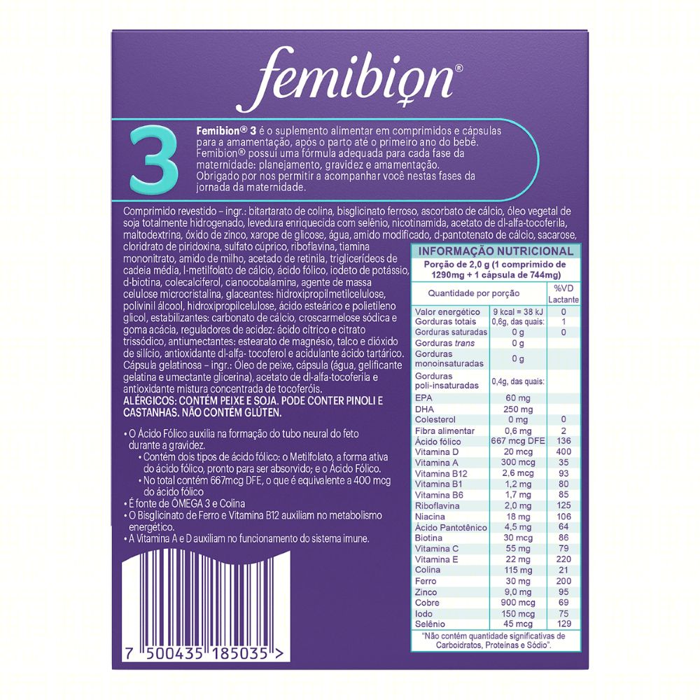 FEMIBION 3 COM 28 COMPRIMIDOS + 28 CAPSULAS VITAMINA AMAMENTACAO ...