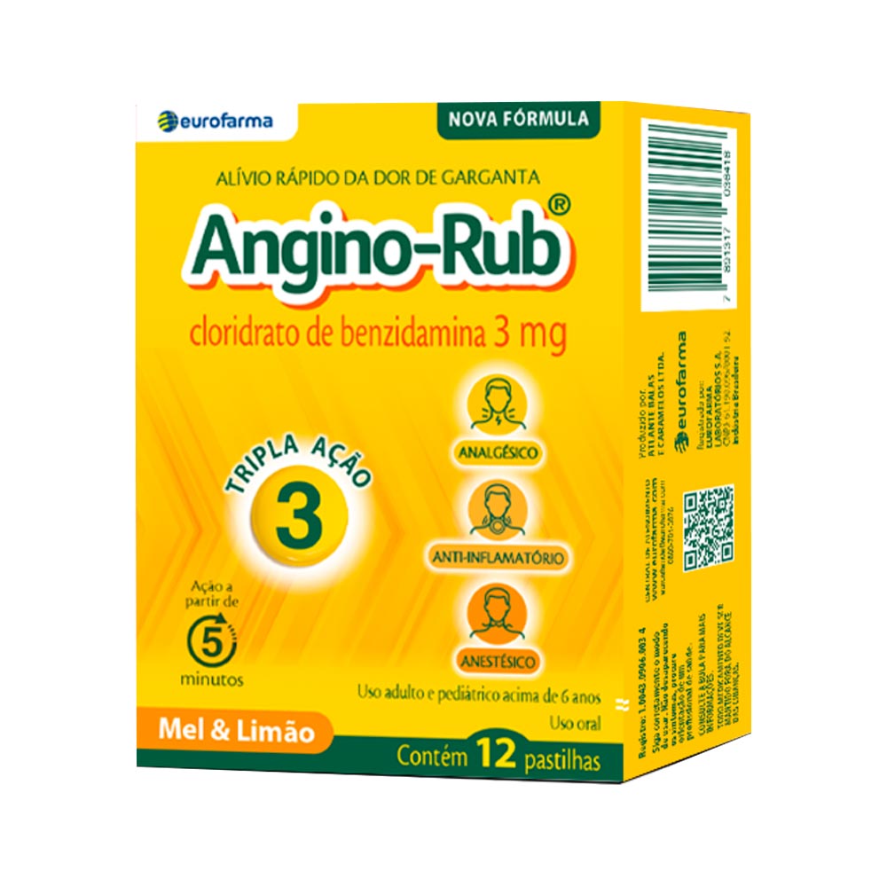 ANGINO RUB CLORIDRATO DE BENZIDAMINA 3MG COM 12 PASTILHAS MEL E LIMAO ...
